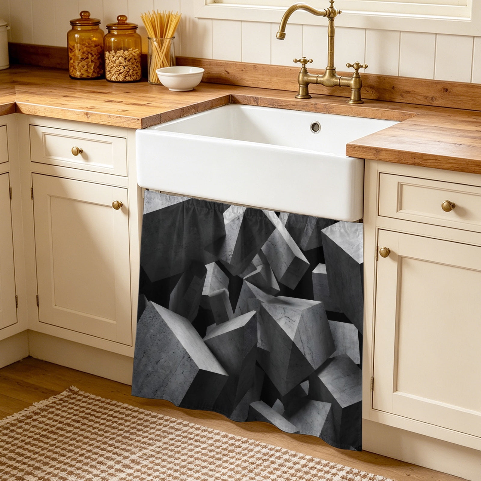Abstract Grey Cabinet Curtains 35"W x 35"L, Floating Stone Industrial ...