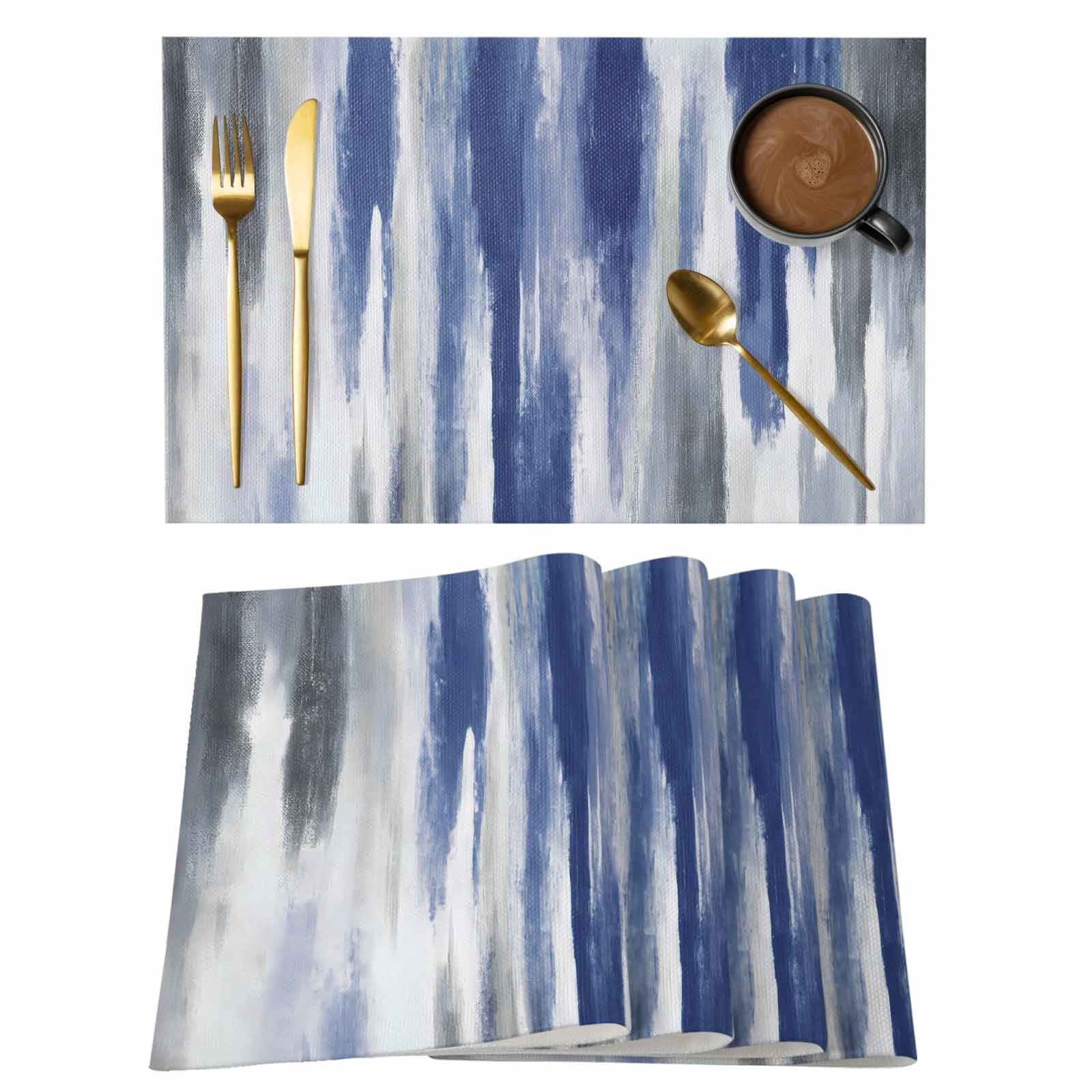 Abstract Grey Cotton Linen Placemats Set of 2, Navy Blue Mottled ...