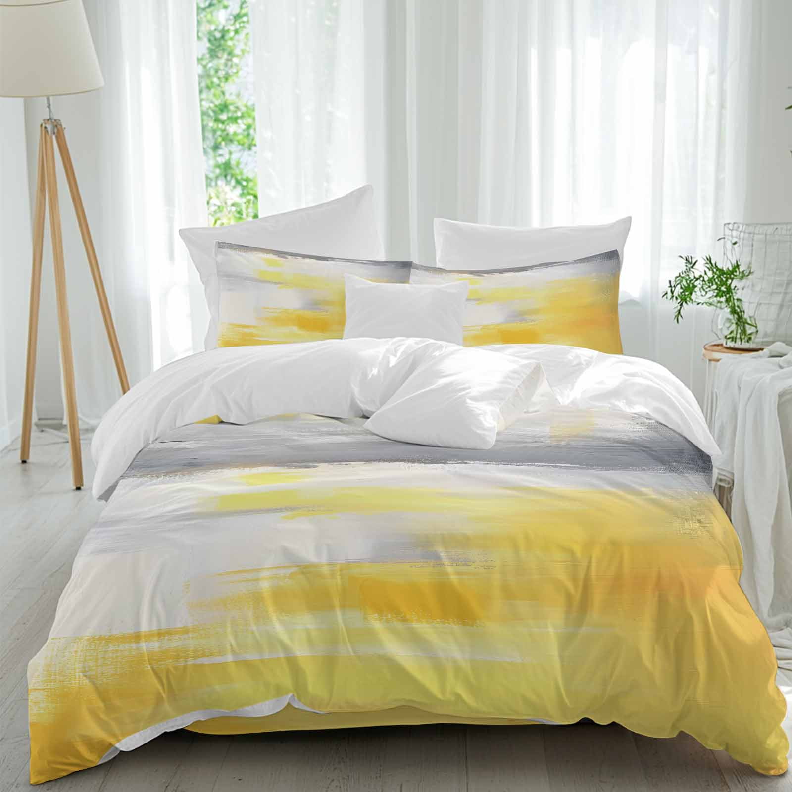 Abstract Grey Duvet Cover Set Full Size, Yellow Mottled Oil Painted ...