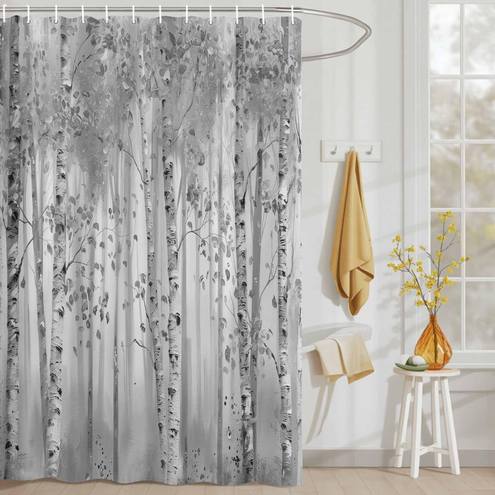 Abstract Grey Forest Landscape Shower Curtain Set, Waterproof Shower ...