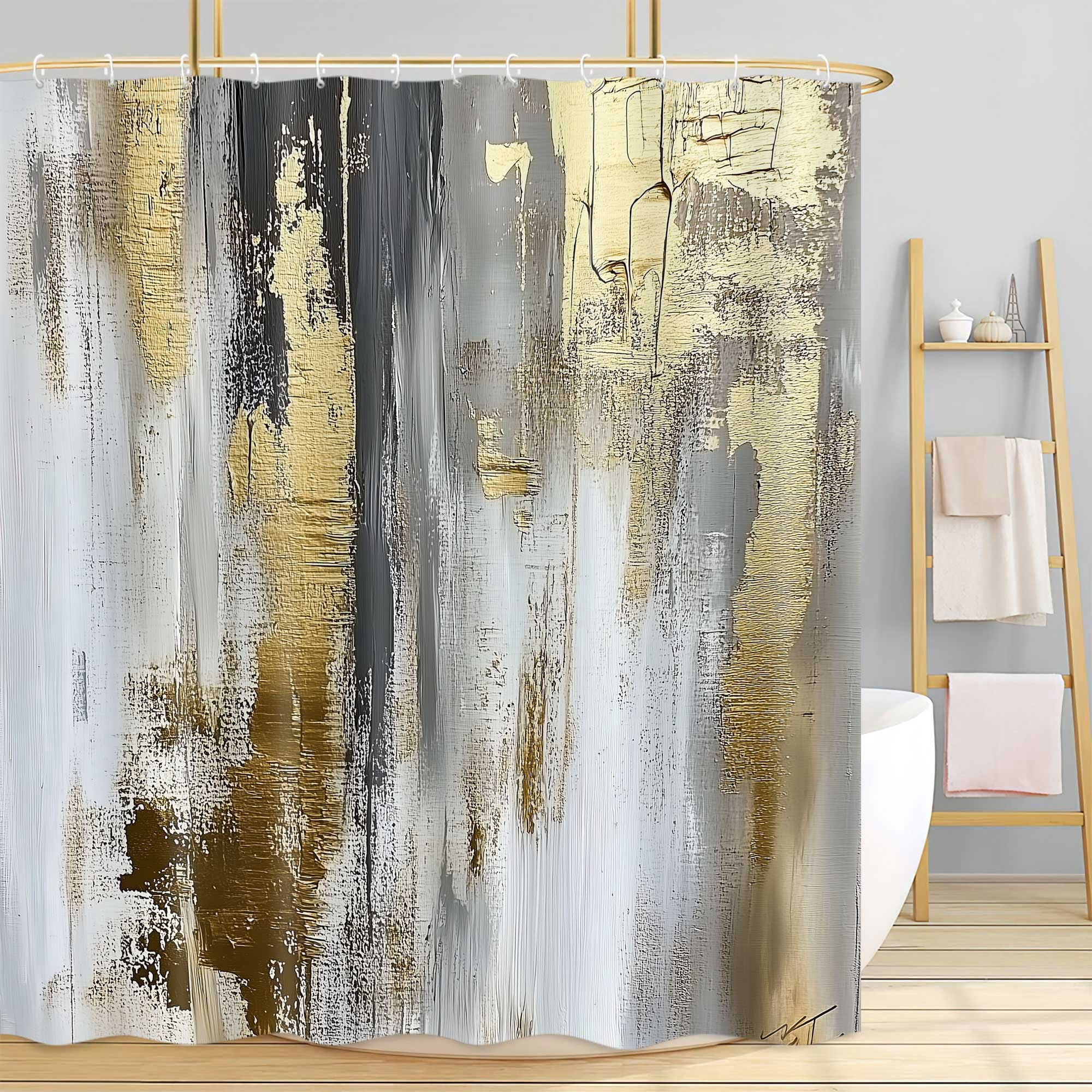 Abstract Grey Gold Wooden Shower Curtain, Contemporary Striped Brush ...
