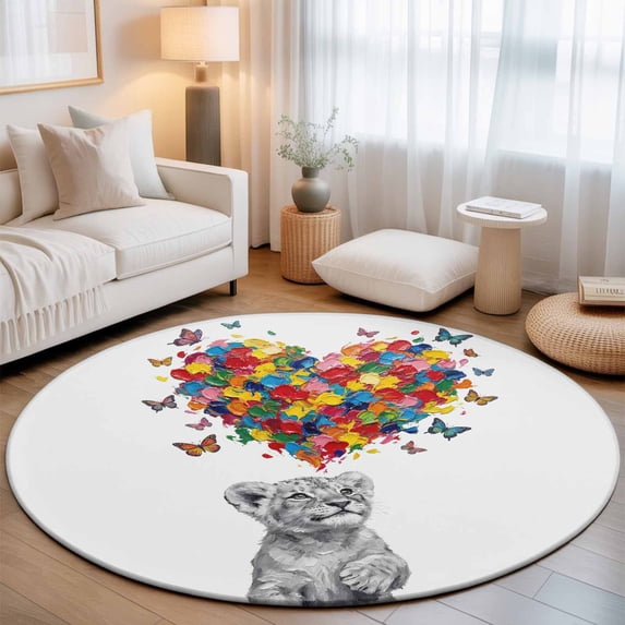 Abstract Grey Lions Colorful Butterflies Round Rug 5ft Love Heart ...