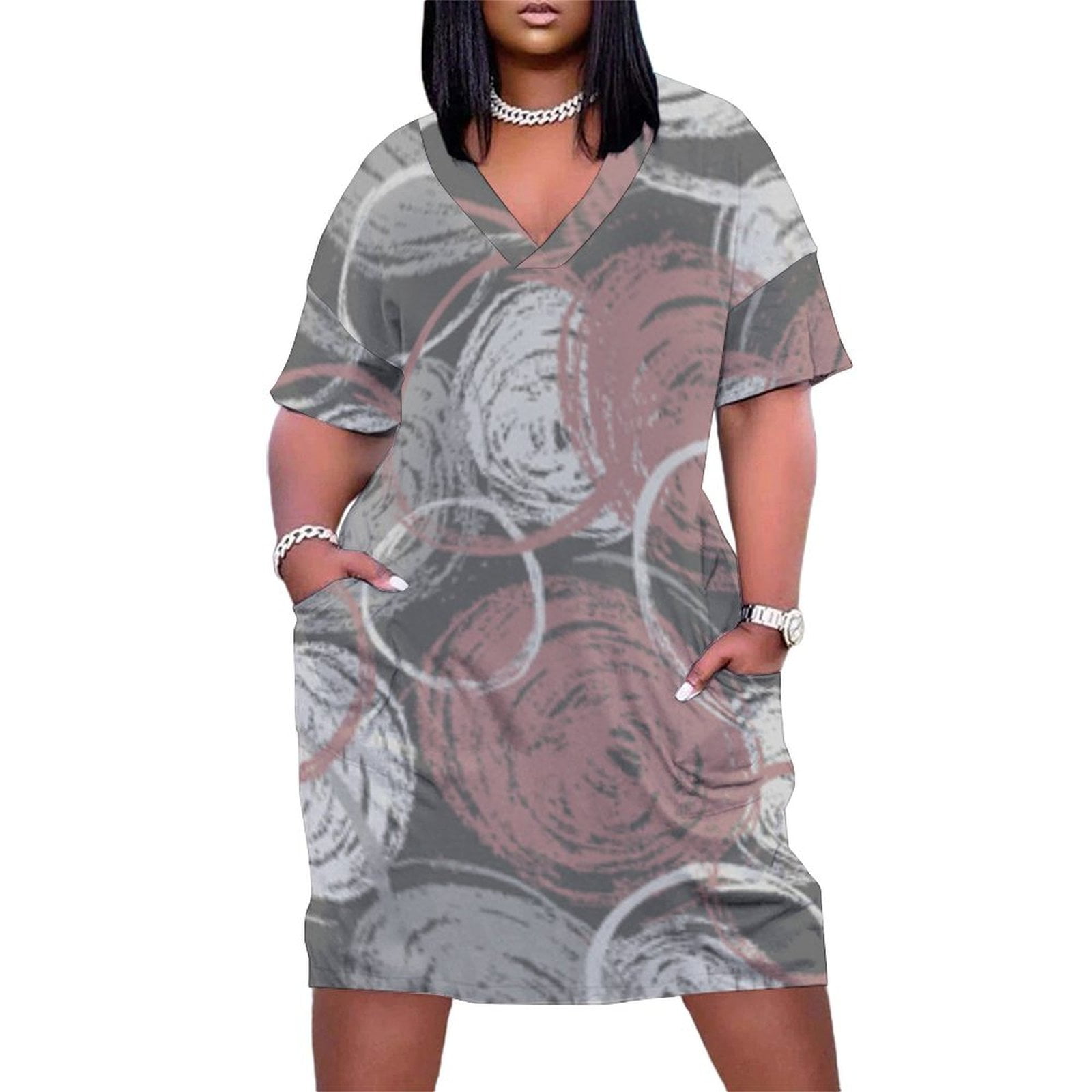 Abstract Grey Pink Circle Pattern Summer Sundress for Curve Women ...