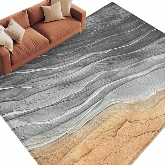 Abstract Grey Rectangle Area Rug 8x10 ft Ocean Beach Waves Lines ...