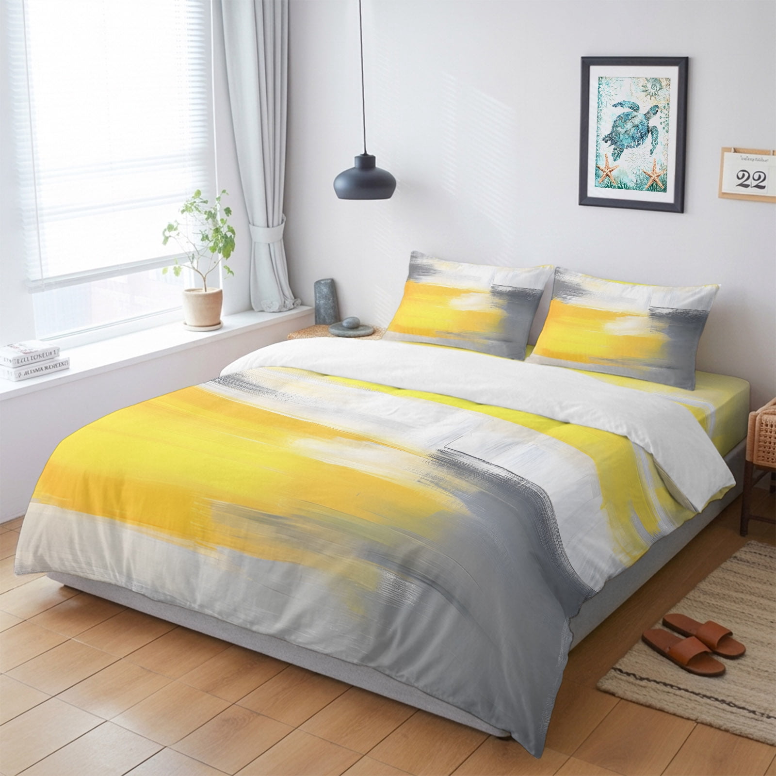 Abstract Grey Yellow Oil Painting Art King Size Bed Set,WatercolorColor ...