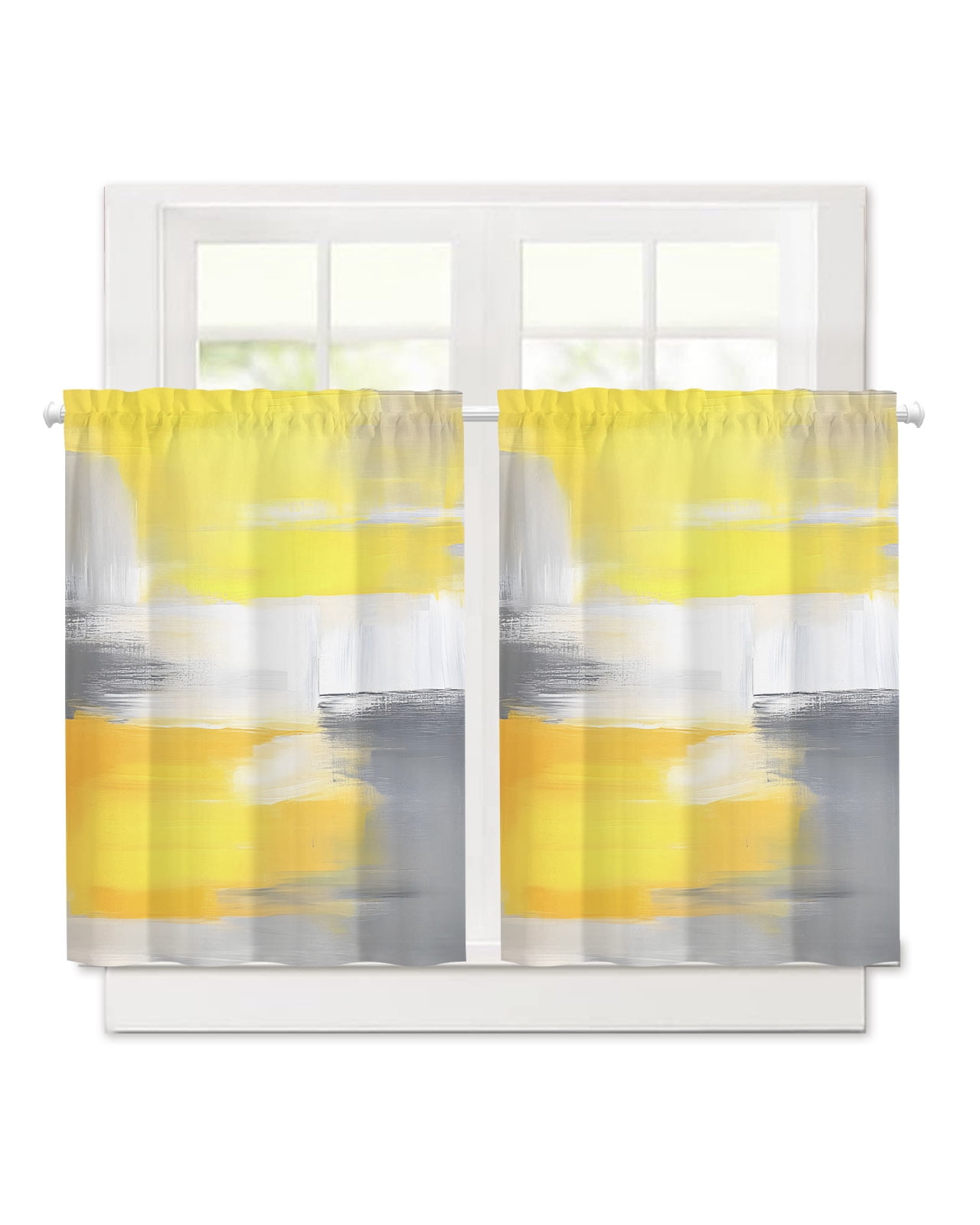 Abstract Grey Yellow Oil Painting Art Short Blackout Curtains 36 Inch ...