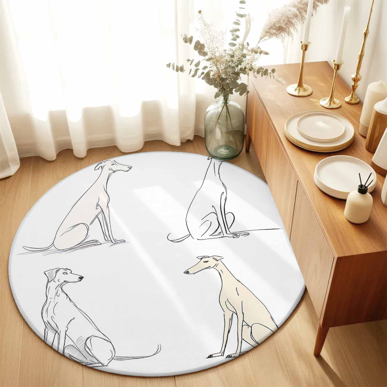 Abstract Greyhound Dog Sketch Round Rug 3ft Animal Line Art on White ...