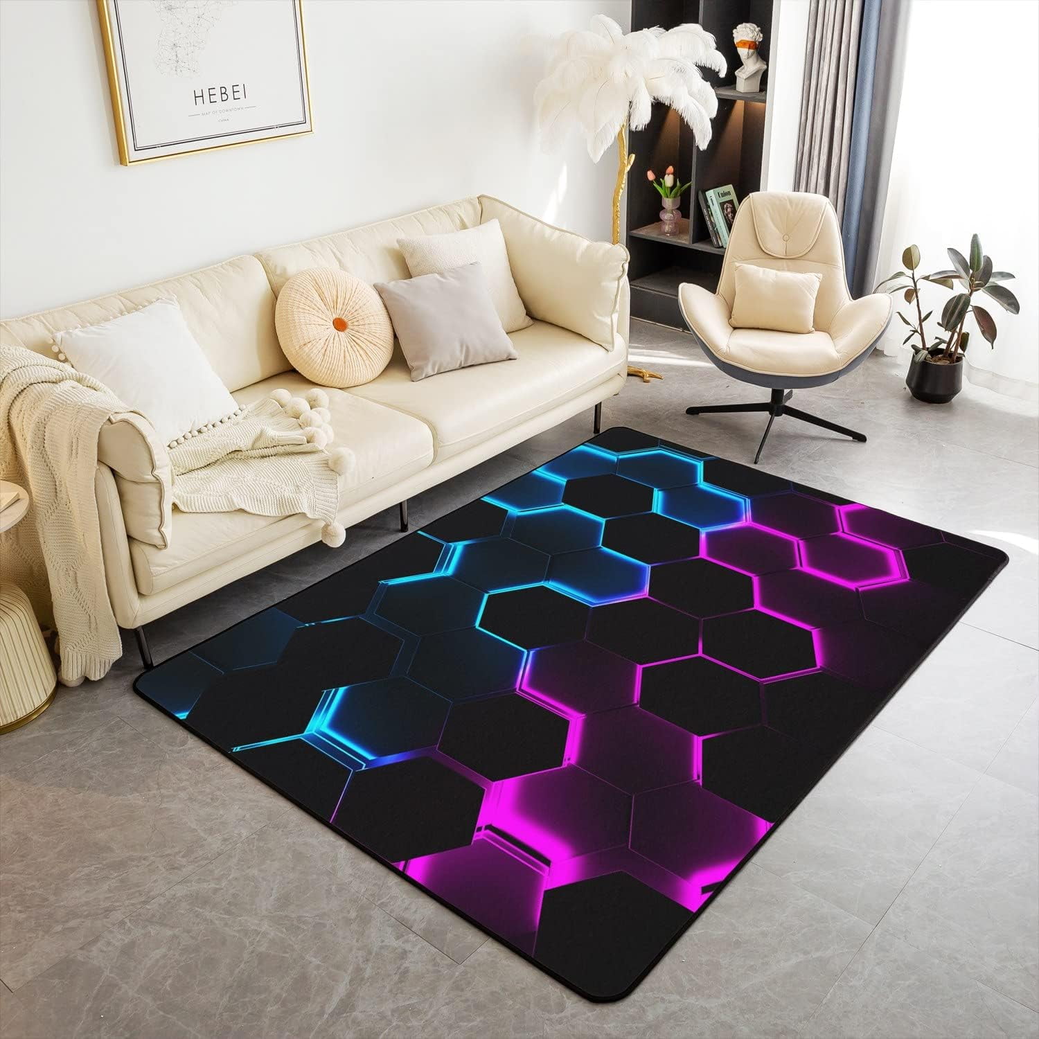 Abstract Grid Area Rug Modern Black Geometric Honeycomb Decorative Non ...