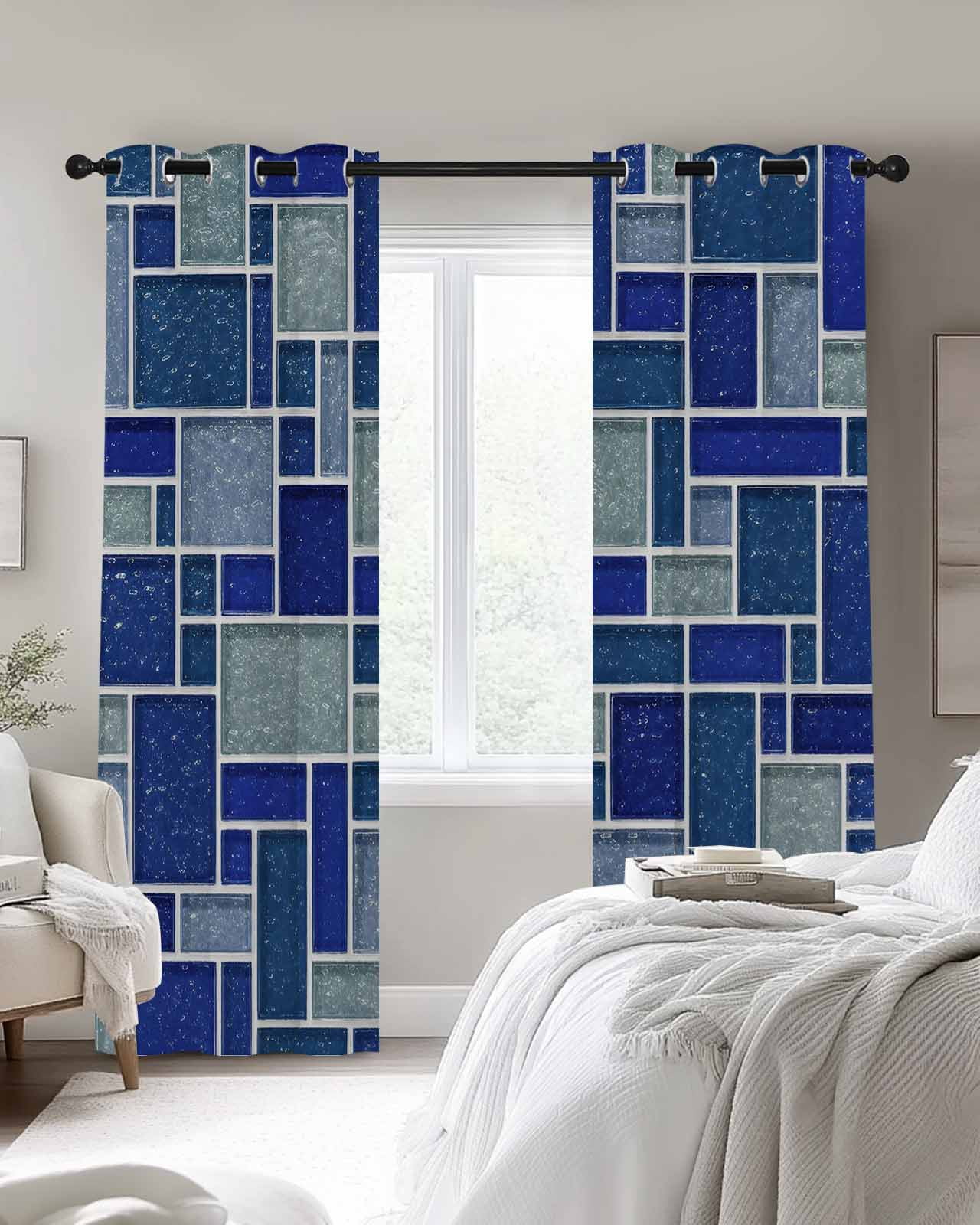 Abstract Grid Blackout Curtains 2 Panels, Minimalist Blue Mint Green ...