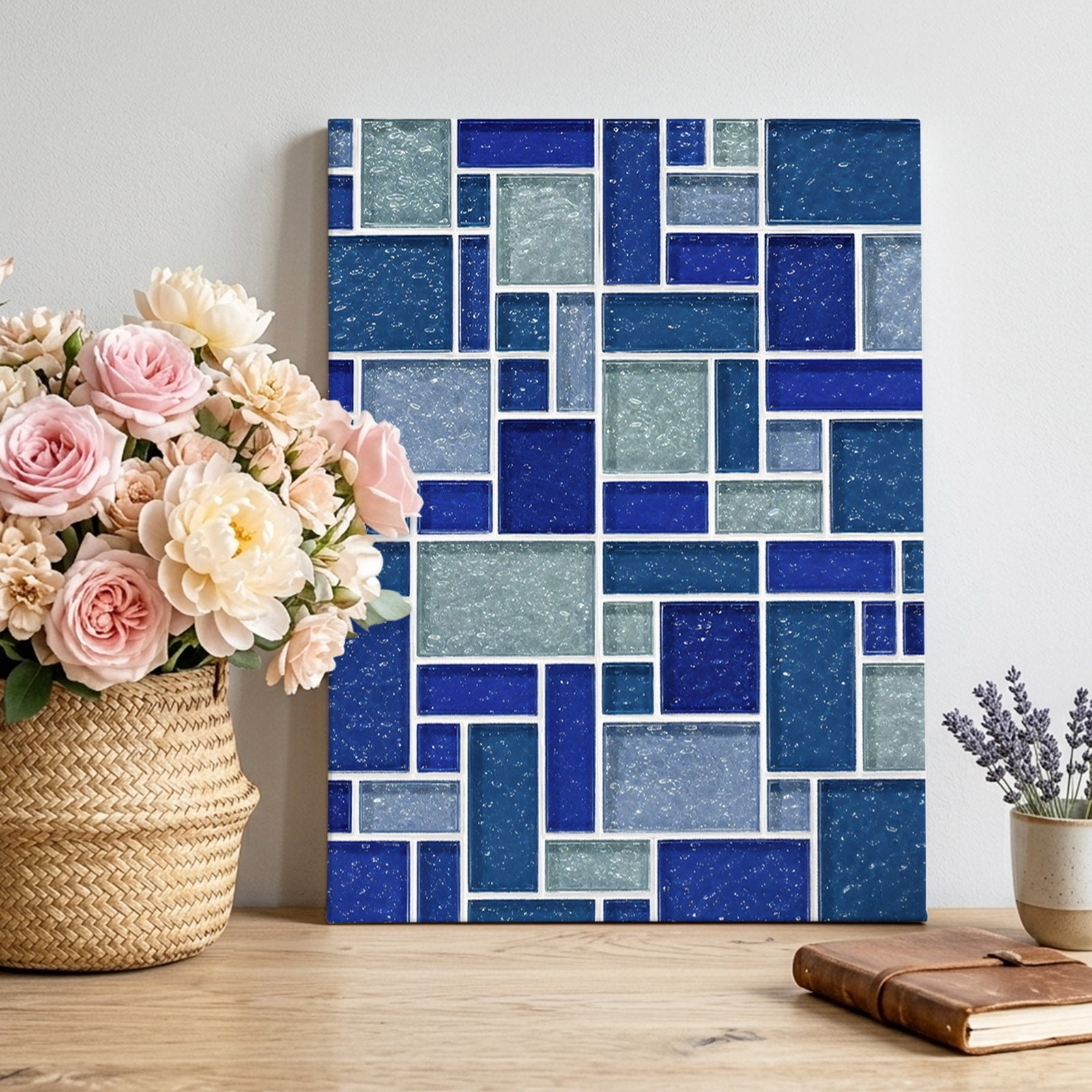Abstract Grid Canvas Wall Art for Living Room, Minimalist Blue Mint ...