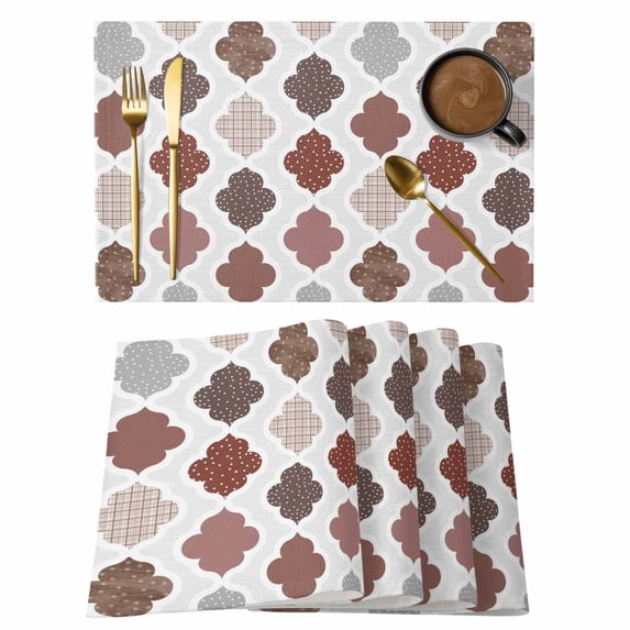 Abstract Grid Cotton Linen Placemats Set of 12, Boho Red Brown Grey ...