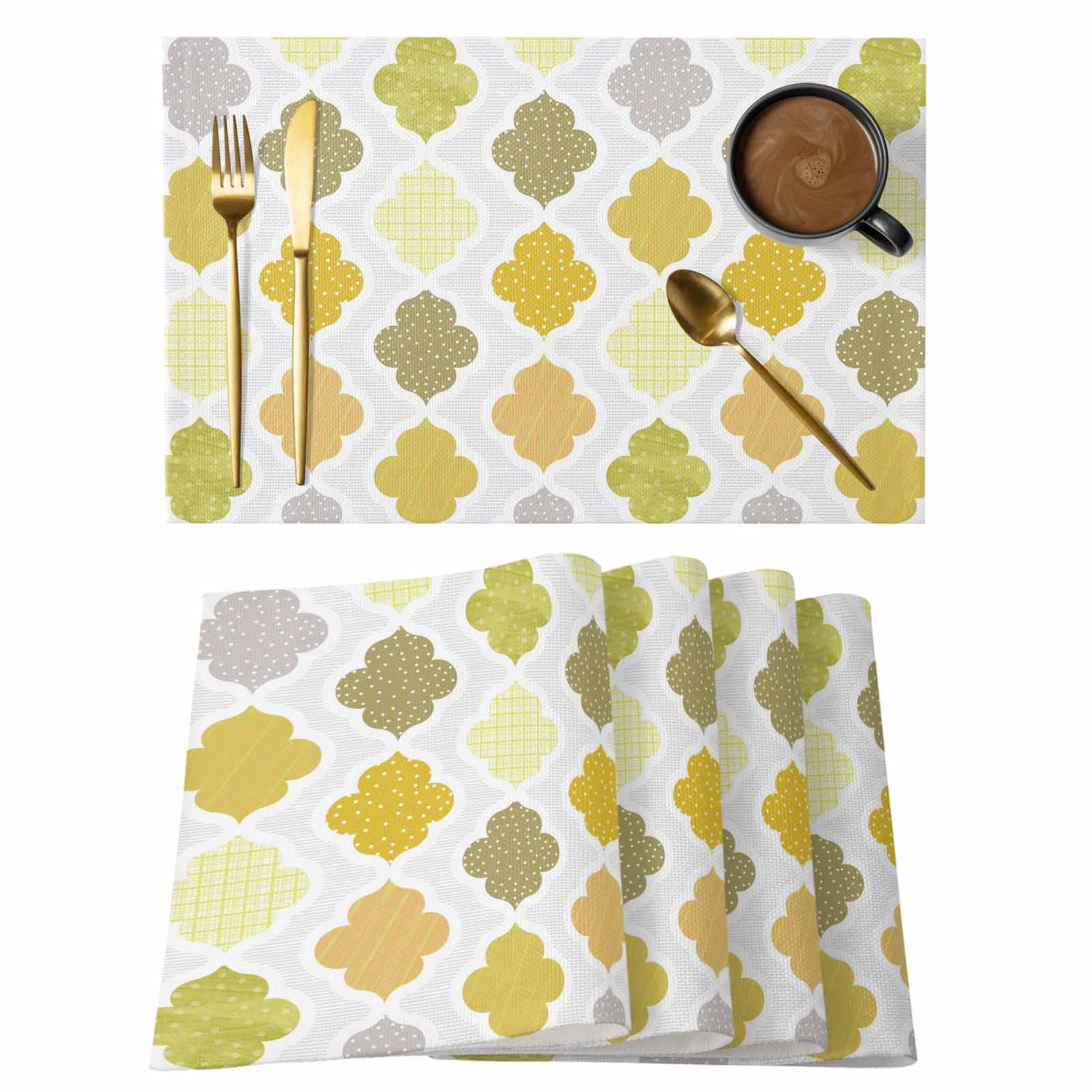 Abstract Grid Cotton Linen Placemats Set of 4, Boho Yellow Grey Green ...