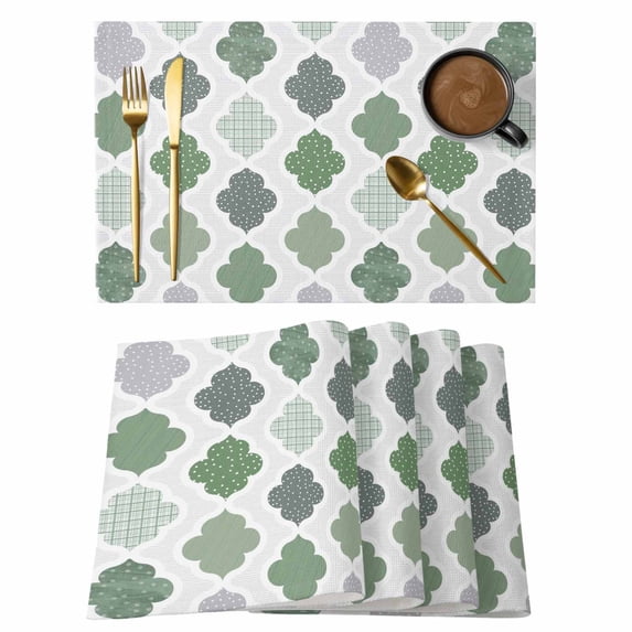 Abstract Grid Cotton Linen Placemats Set of 8, Boho Green Grey ...