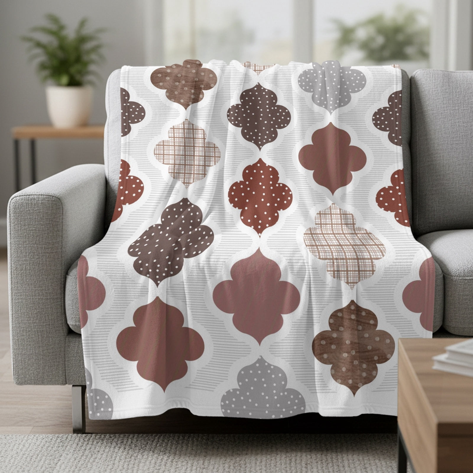 Abstract Grid Fleece Throw Blanket Boho Red Brown Grey Geometric ...