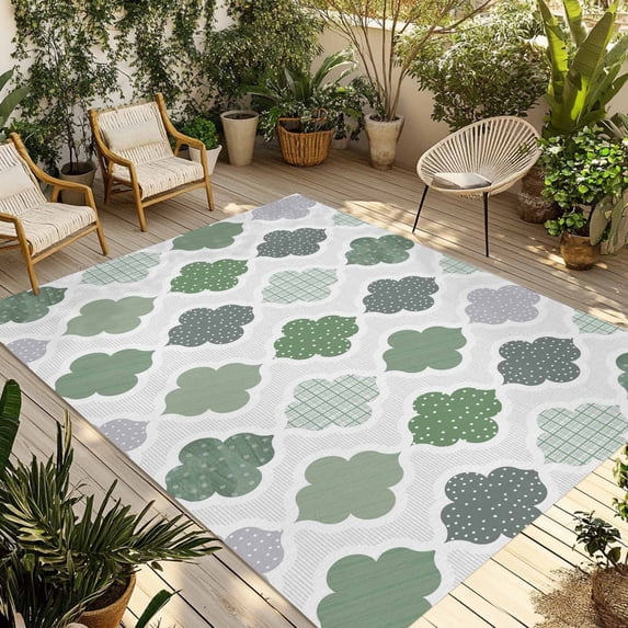 Abstract Grid Outdoor Rug, Boho Green Grey Geometric Medieval Plaid Non ...