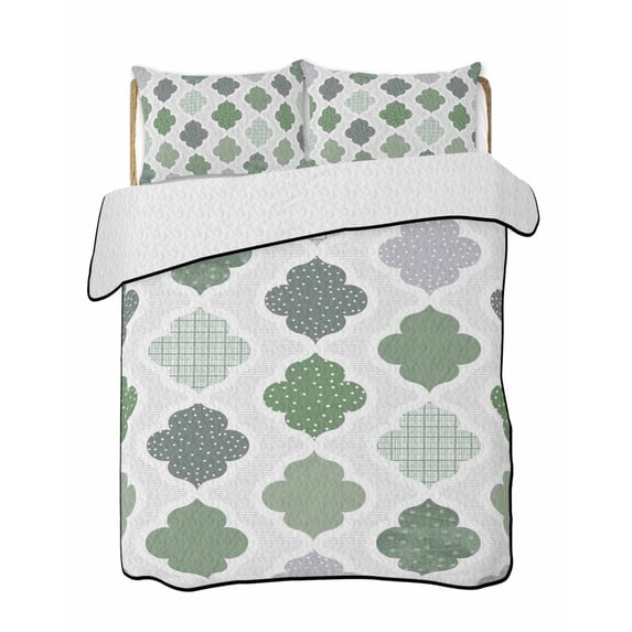 Abstract Grid Quilts Bedding Set Full Size Boho Green Grey Geometric ...