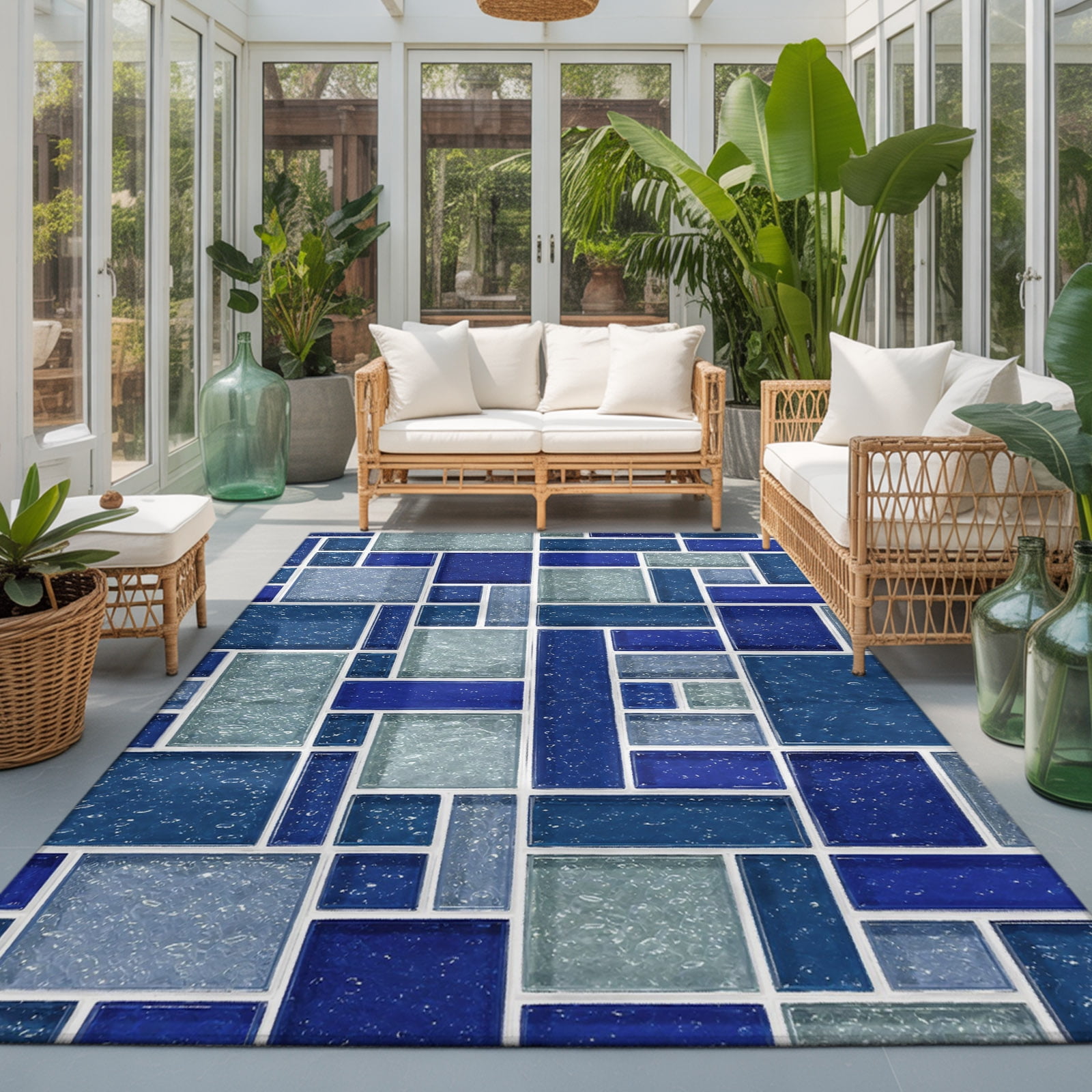 Abstract Grid Washable Area Rugs 4'x6', Minimalist Blue Mint Green ...