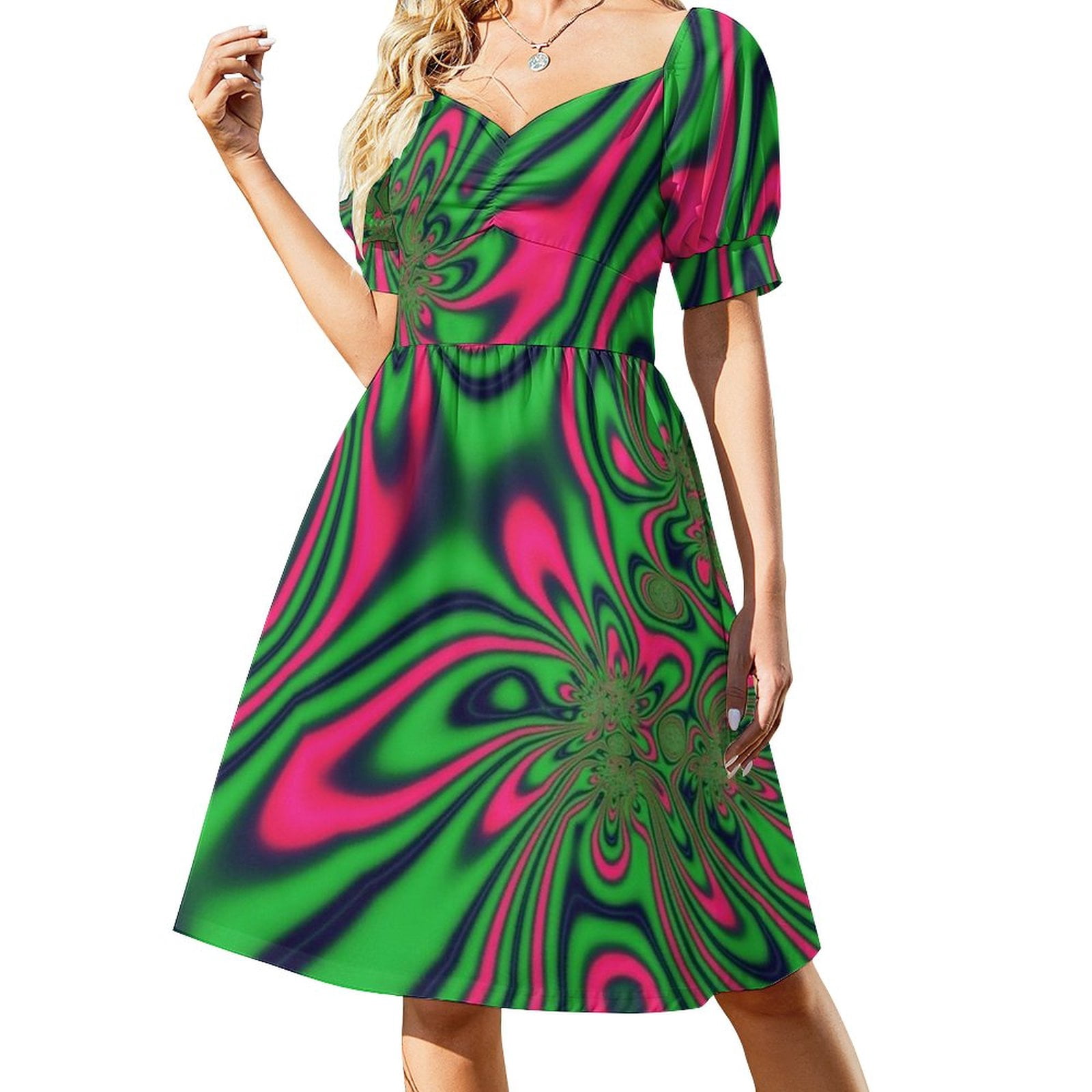 Abstract Groovin' Green & Pink Fractal Sleeveless Dress elegant women's ...