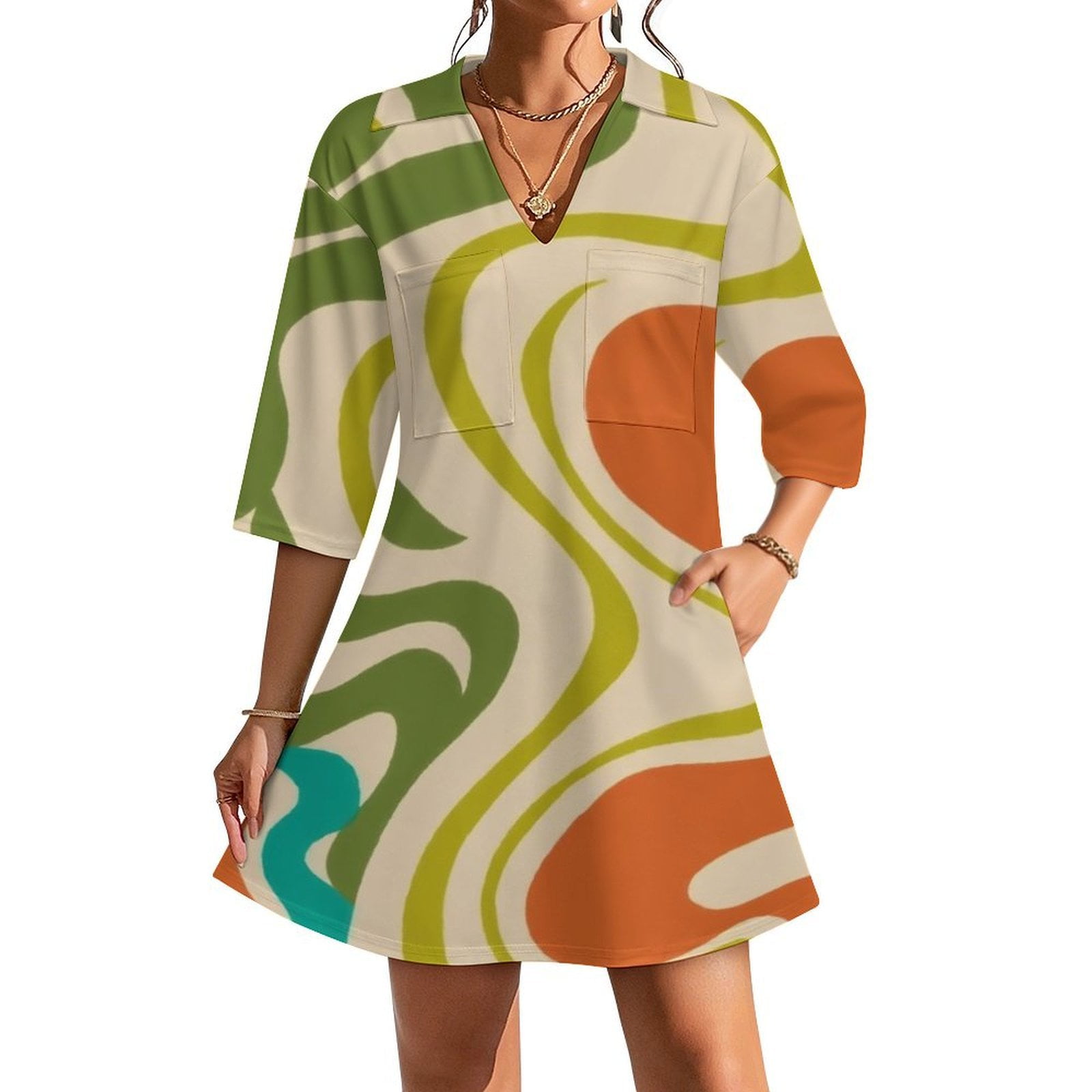 Abstract Groovy Swirl Art Print Womens Dress With Pockets Summer V Neck ...