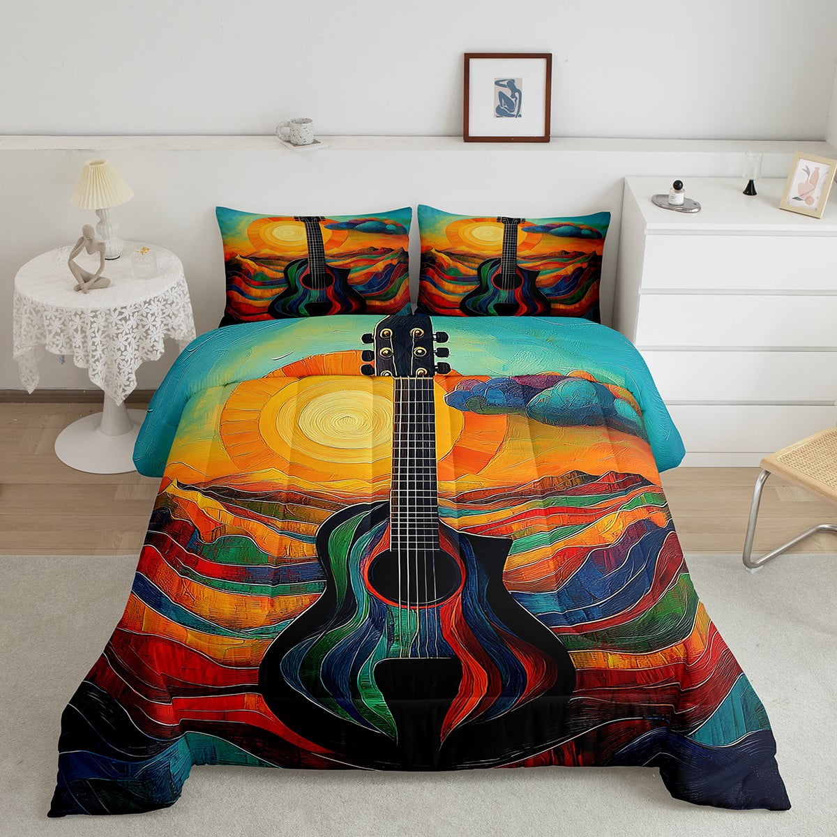 Abstract Guitar Comforter Set Queen Size,Vintage Landscape Painting ...