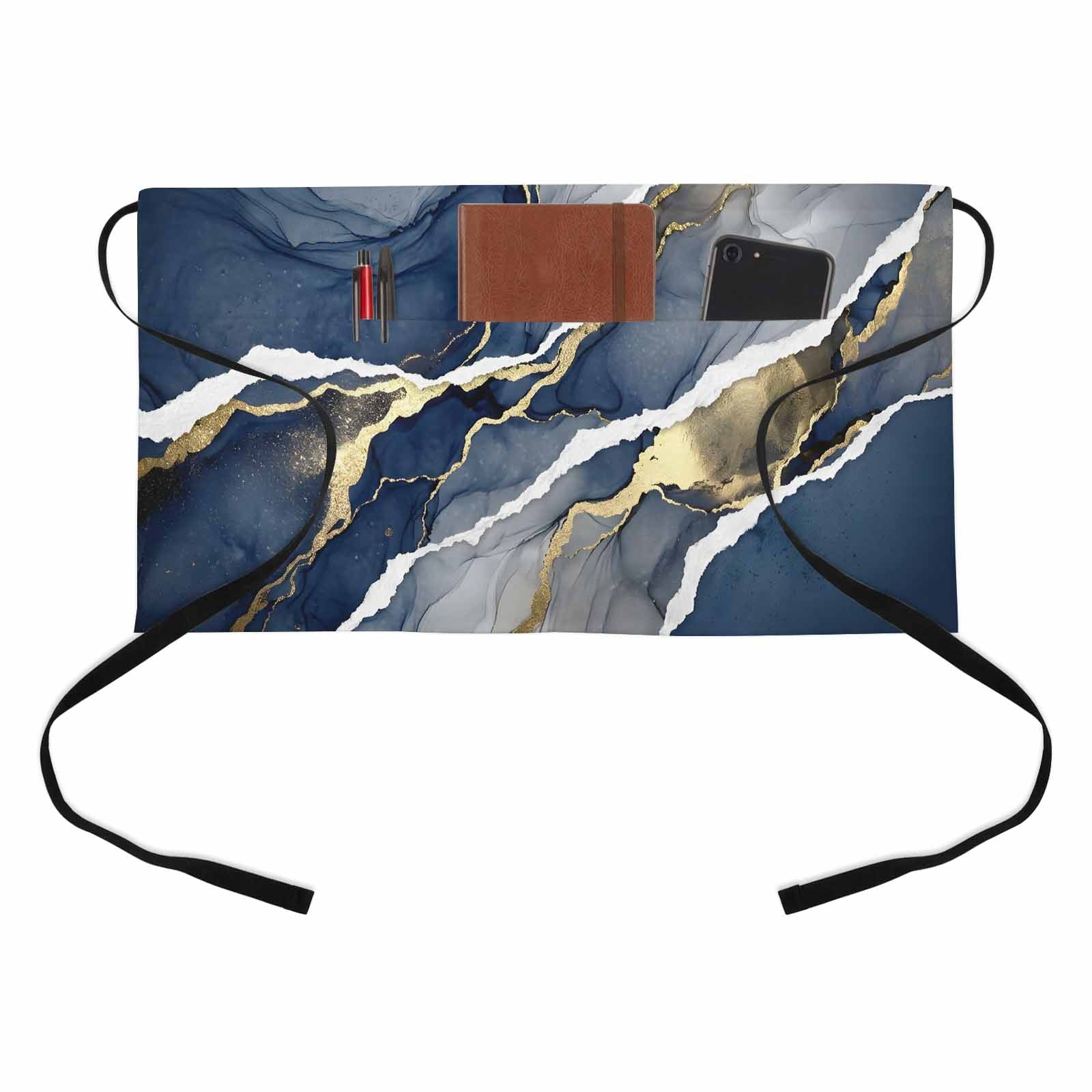 Abstract Half Waist Apron Blue Ink Gold Foiling Ocean Waves Luxury ...