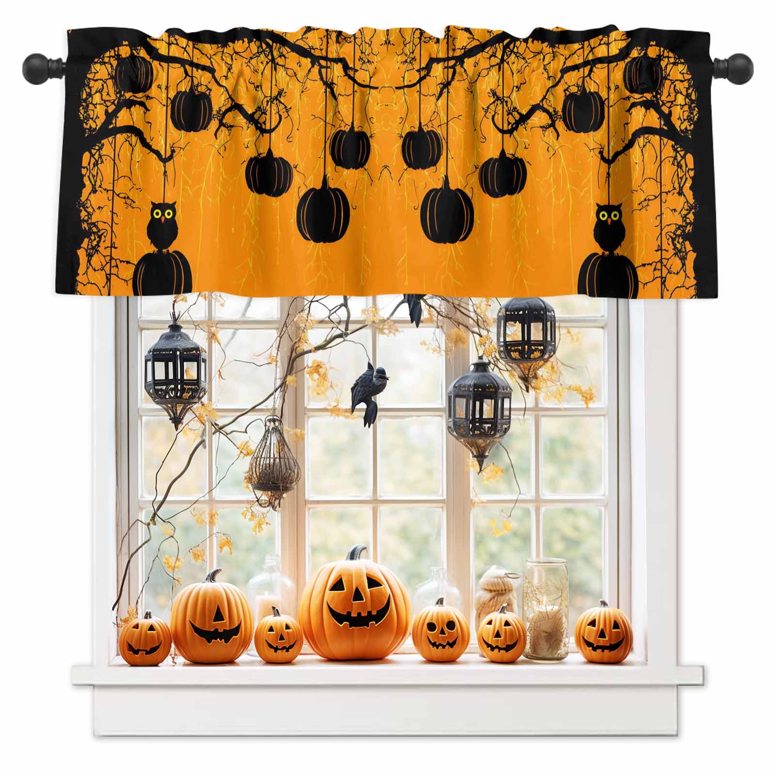 Abstract Halloween Pumpkin Curtain Valances for Kitchen Windows,Rod ...