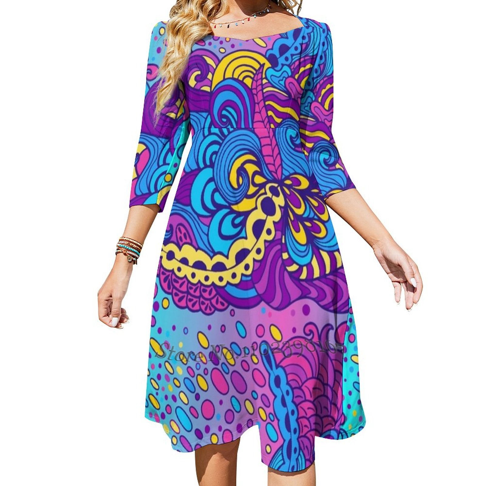 Abstract Hallucinogen Pattern Sweetheart Knot Flared Dress Fashion ...
