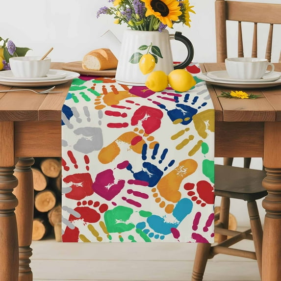 Abstract Hand Foot Prints Table Runners 13x36 Inches Long Linen Burlap ...