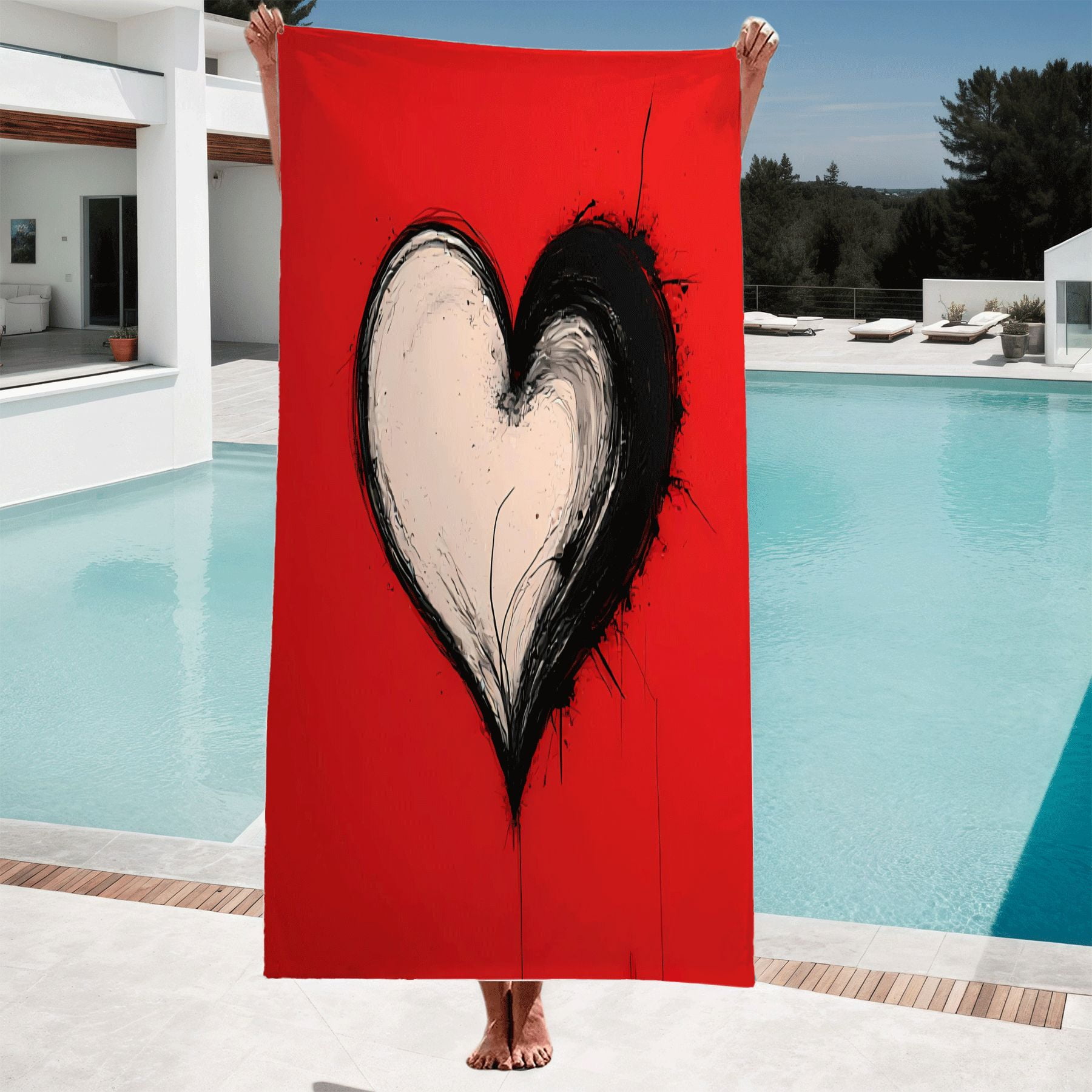 Abstract Heart-Shaped Towel - Red Background with Dripping Beige ...