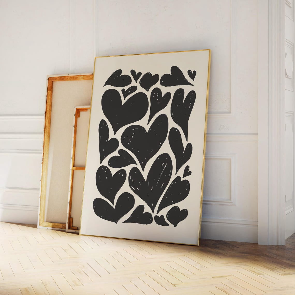 Abstract Hearts Wall Art Black Poster Girly Cute Drawn Whimsical Heart ...