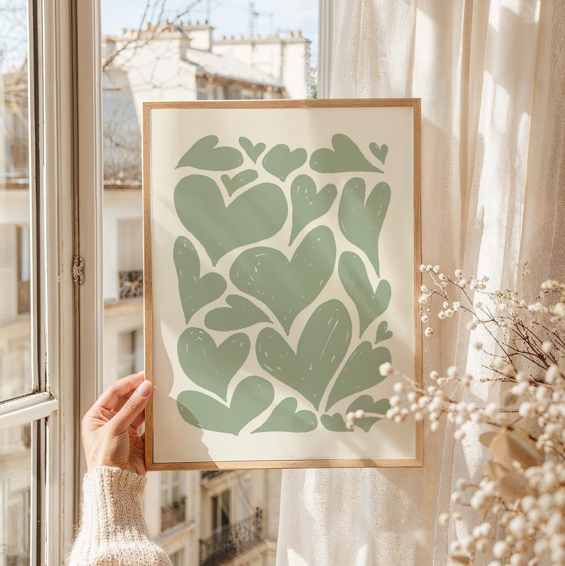 Abstract Hearts Wall Art Sage Green Poster Girly Cute Drawn Whimsical ...