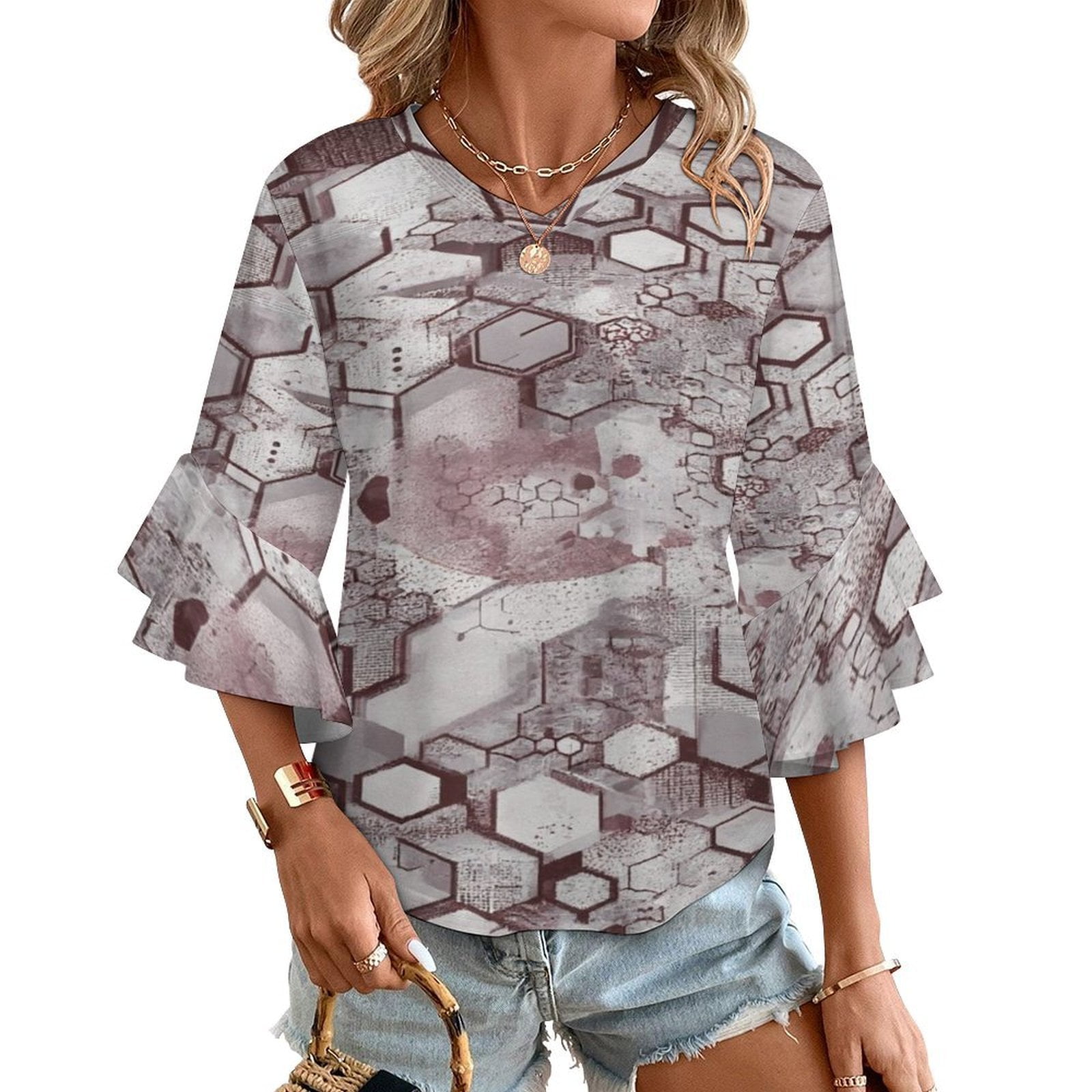Abstract Hexagon Geometric Pattern Women's V-Neck Blouse With 3/4 ...