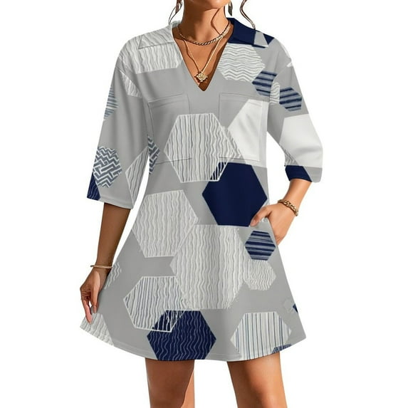 Abstract Hexagon Pattern Design Womens Dress With Pockets Summer V Neck ...
