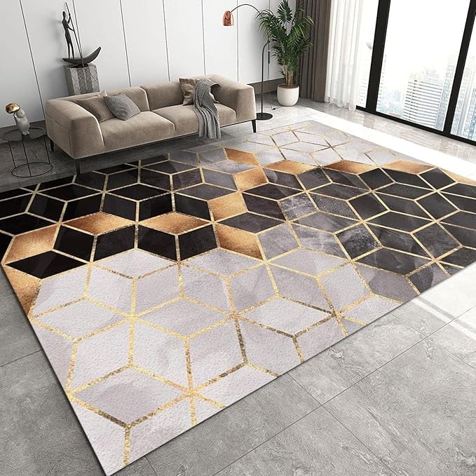Abstract Honeycomb Gradient Black And Gray Marble Area Rug, Light ...