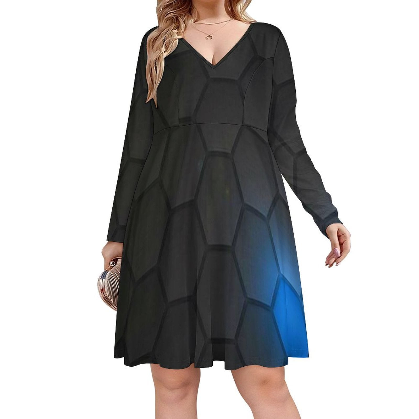 Abstract Honeycomb Long Sleeve Dresses For Women Vintage Elegant Party Dress Oversized V-neck ...