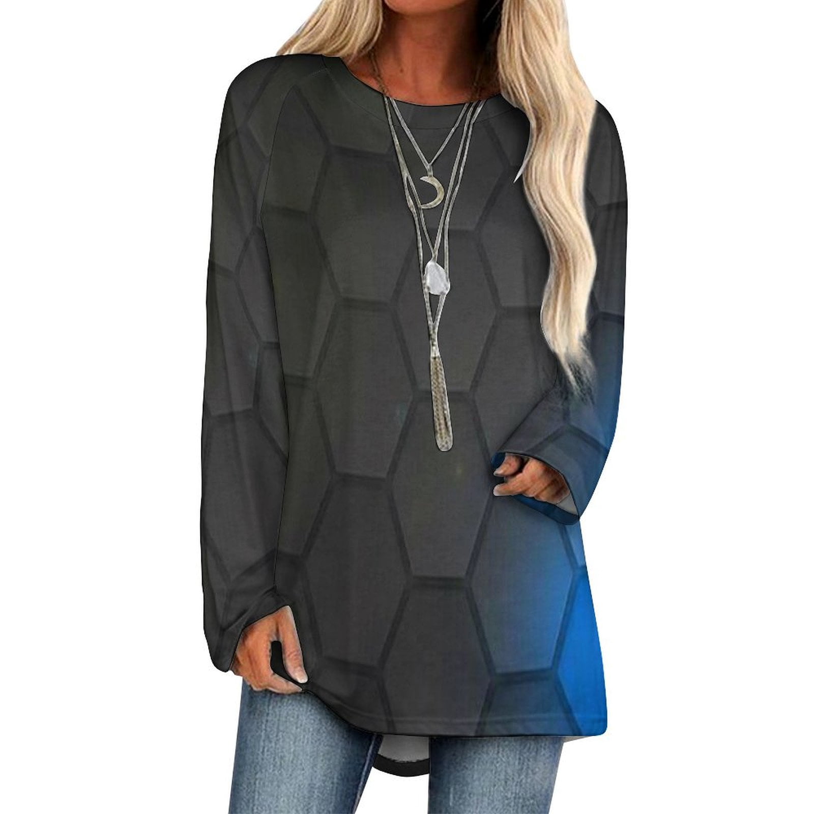 Abstract Honeycomb Plus Size Top Long Sleeve O-Neck T-Shirt Loose Top ...