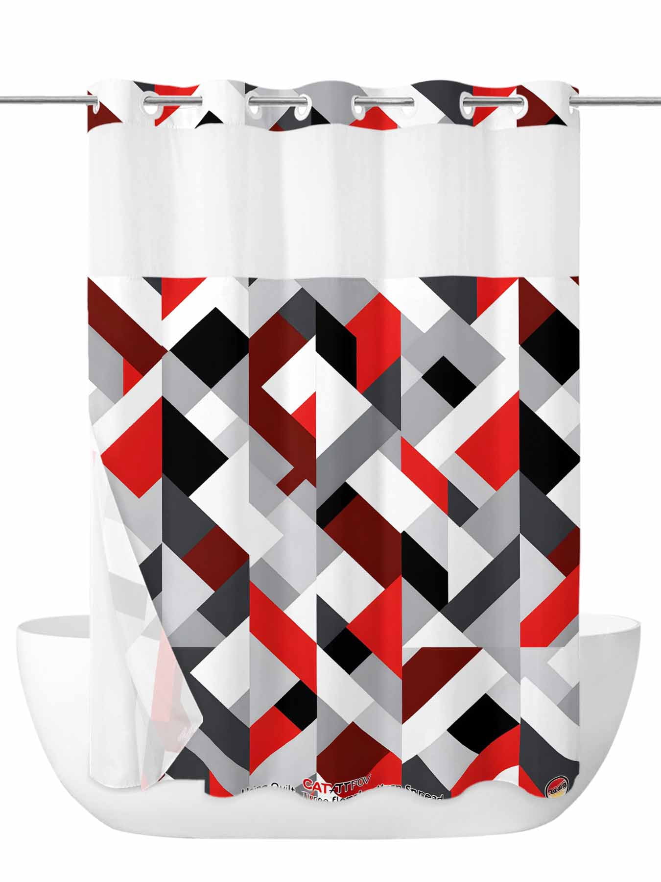 Abstract No Hook Shower Curtain and Liner Set Red Black Geometric ...