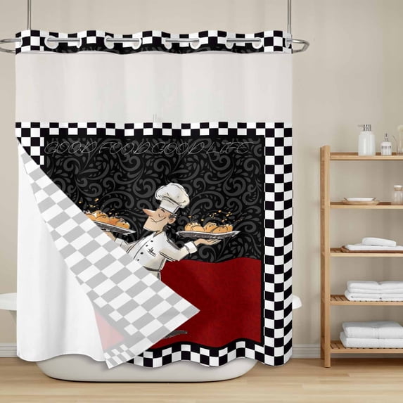 Abstract No Hook Shower Curtain with Snap in Liner, Cartoon Style Chef ...