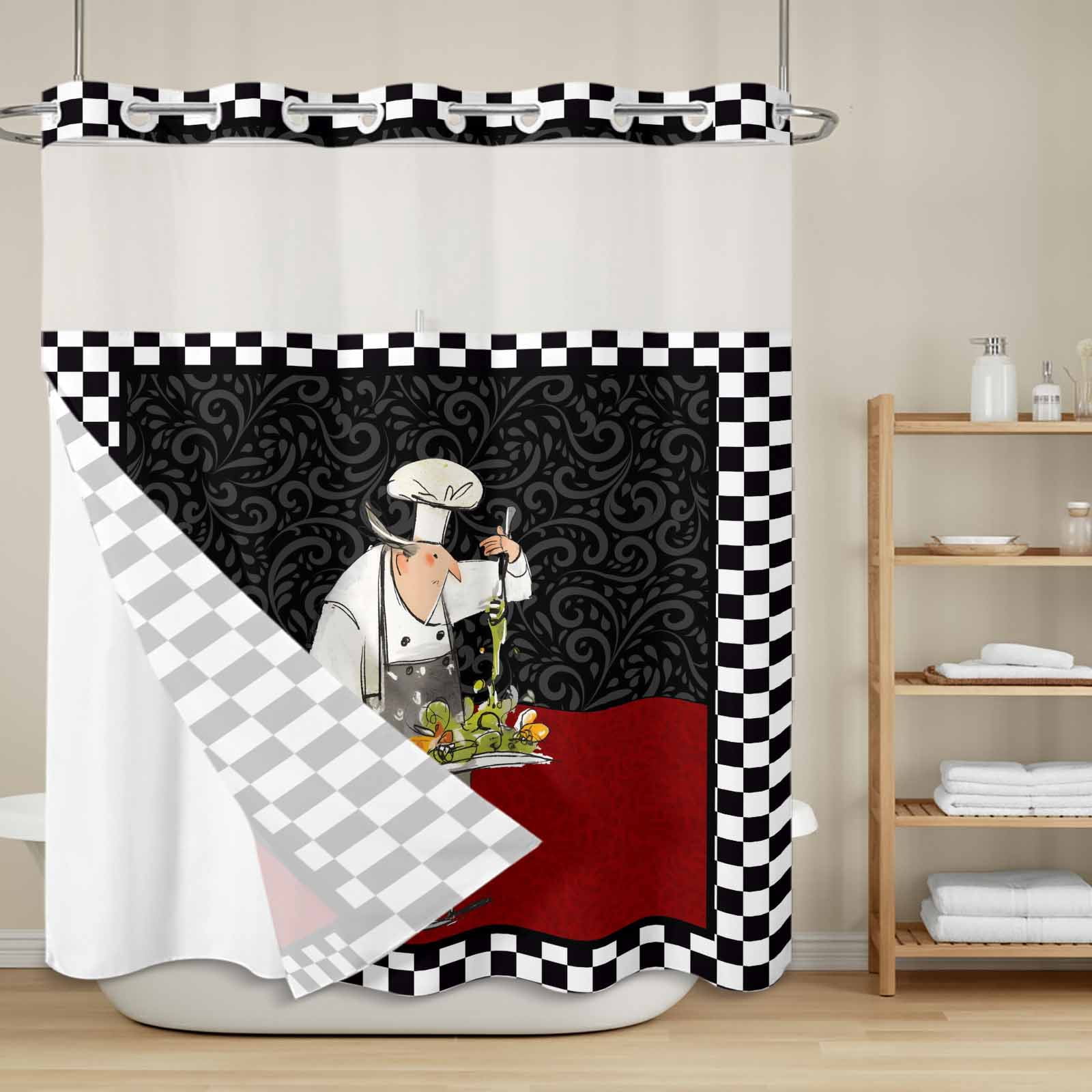 Abstract No Hook Shower Curtain with Snap in Liner, Cartoon Style Cooks ...