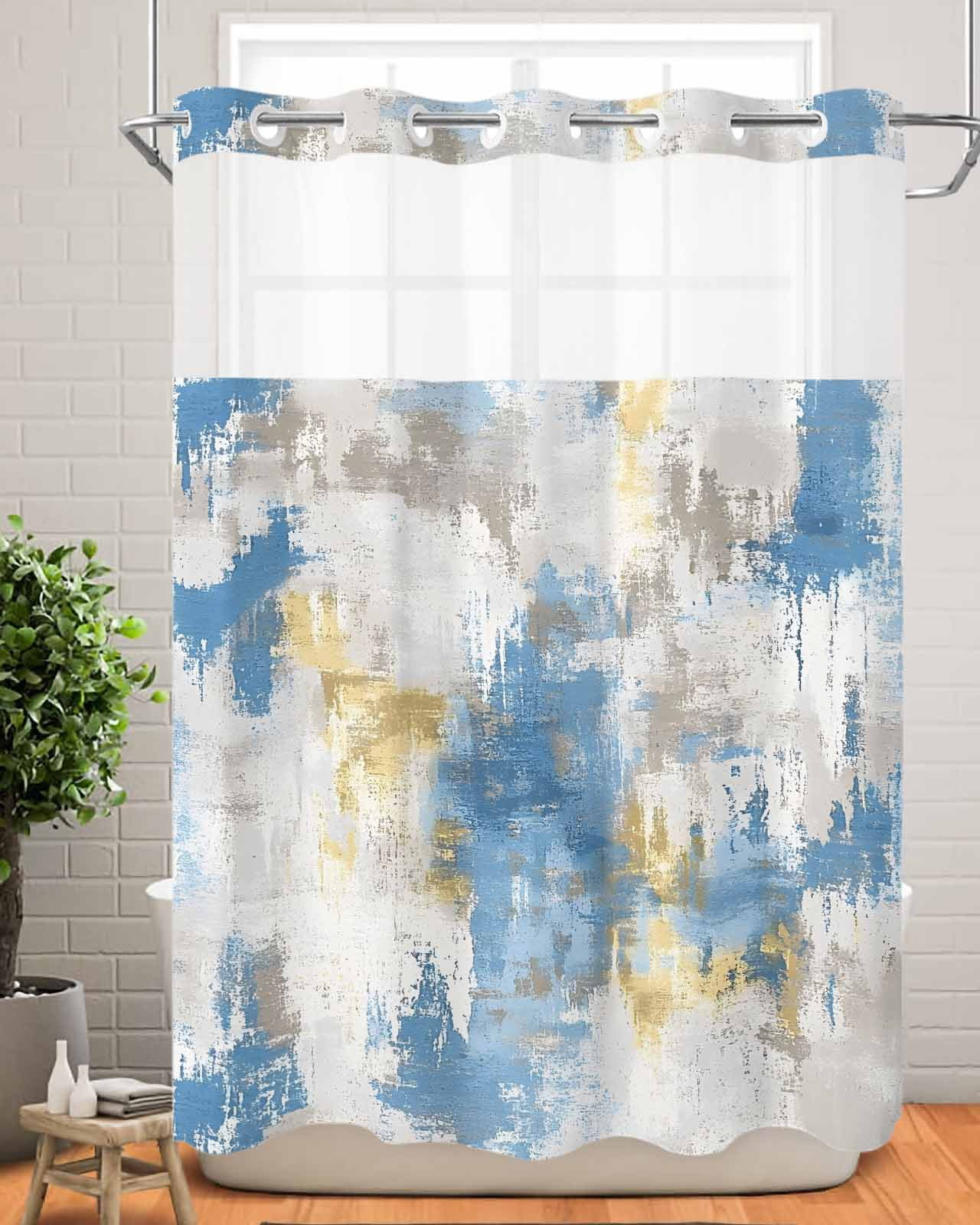 Abstract No Hook Shower Curtain with Snap in Liner, Gray Blue Retro Art ...