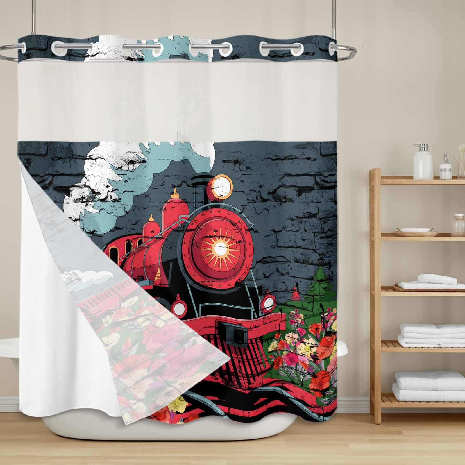 Abstract No Hook Shower Curtain with Snap in Liner, Red Trains Flower ...