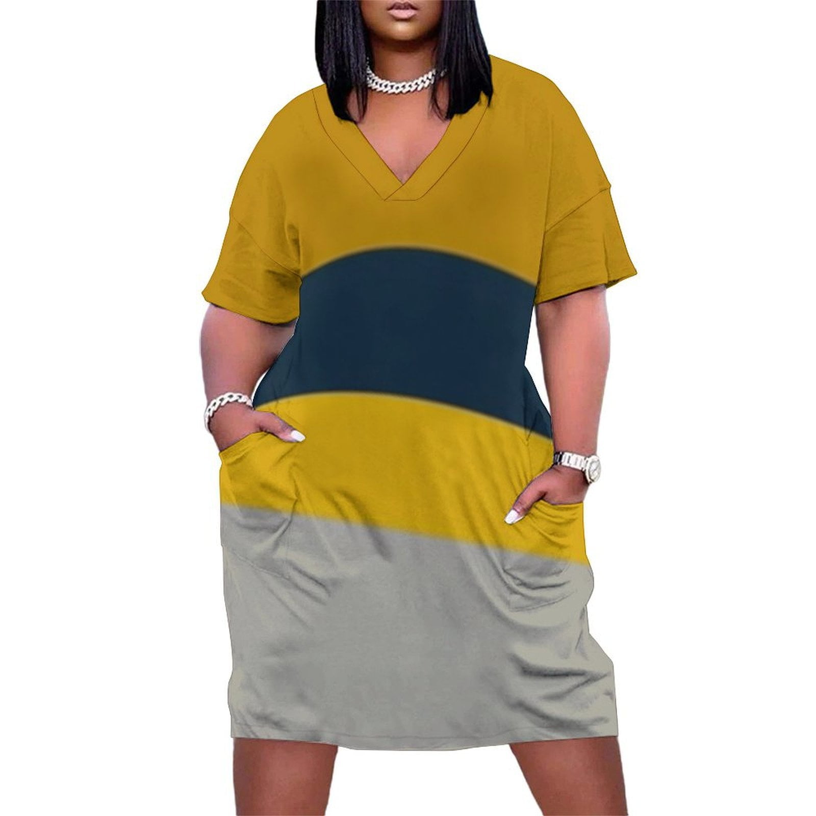 Abstract Horizontal Stripes Gold Navy Gray Loose Pocket Dress Dresses ...
