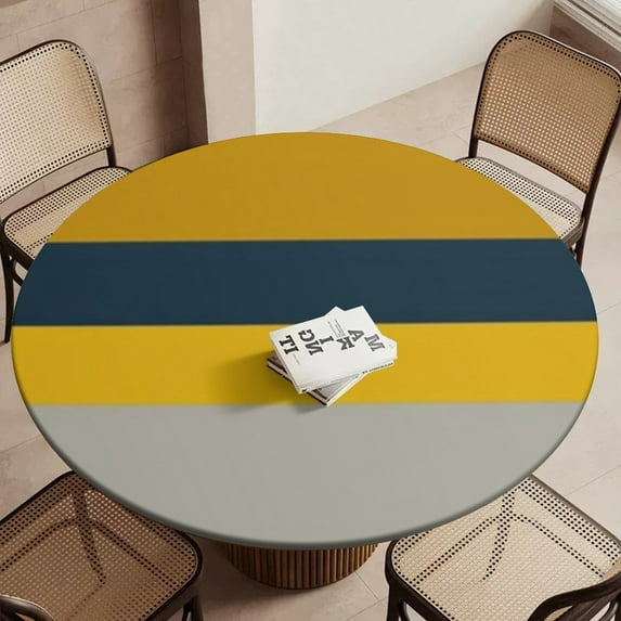 Abstract Horizontal Stripes Gold Navy Gray Round Table Cover Kitchen ...