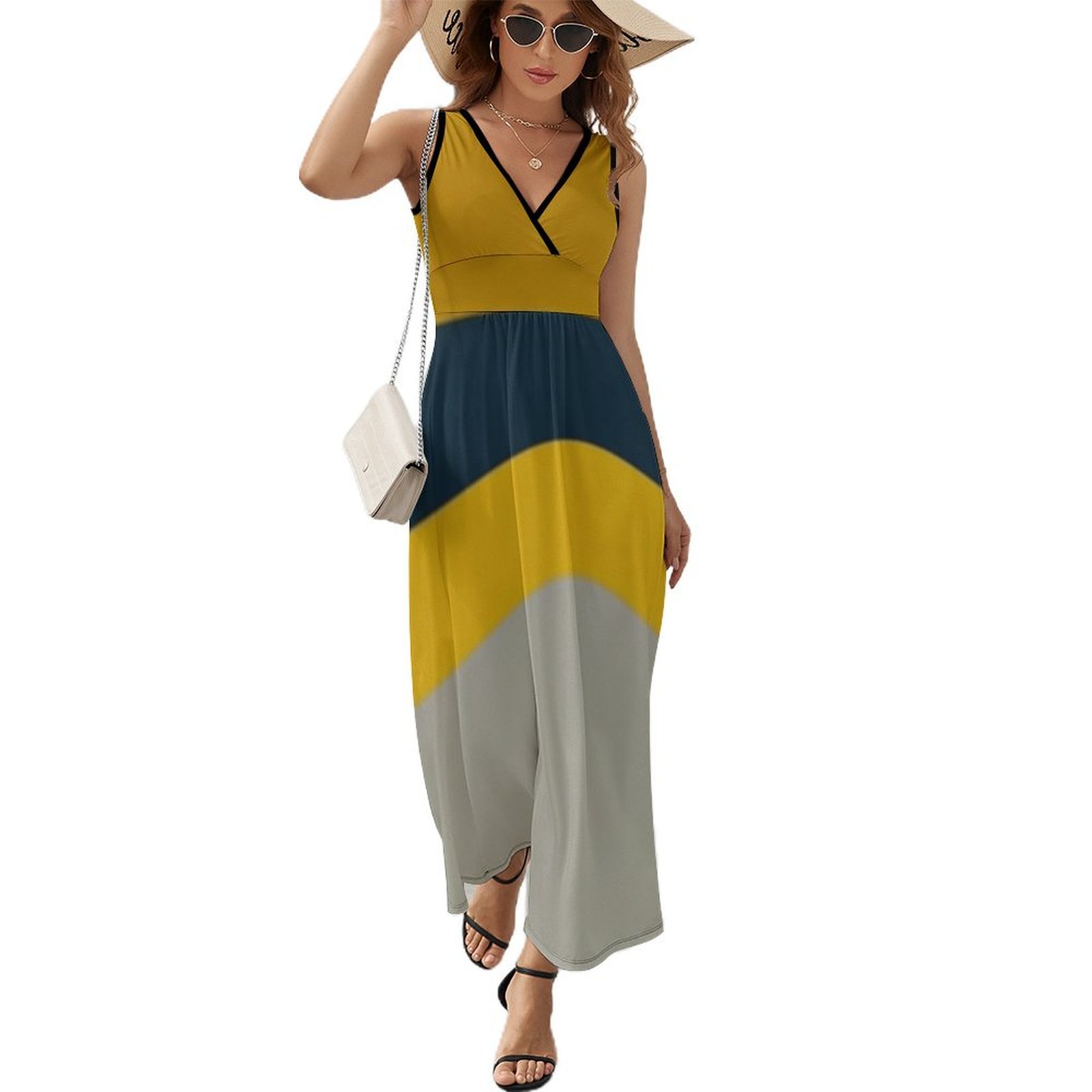 Abstract Horizontal Stripes Gold Navy Gray Sleeveless Dress Summer ...