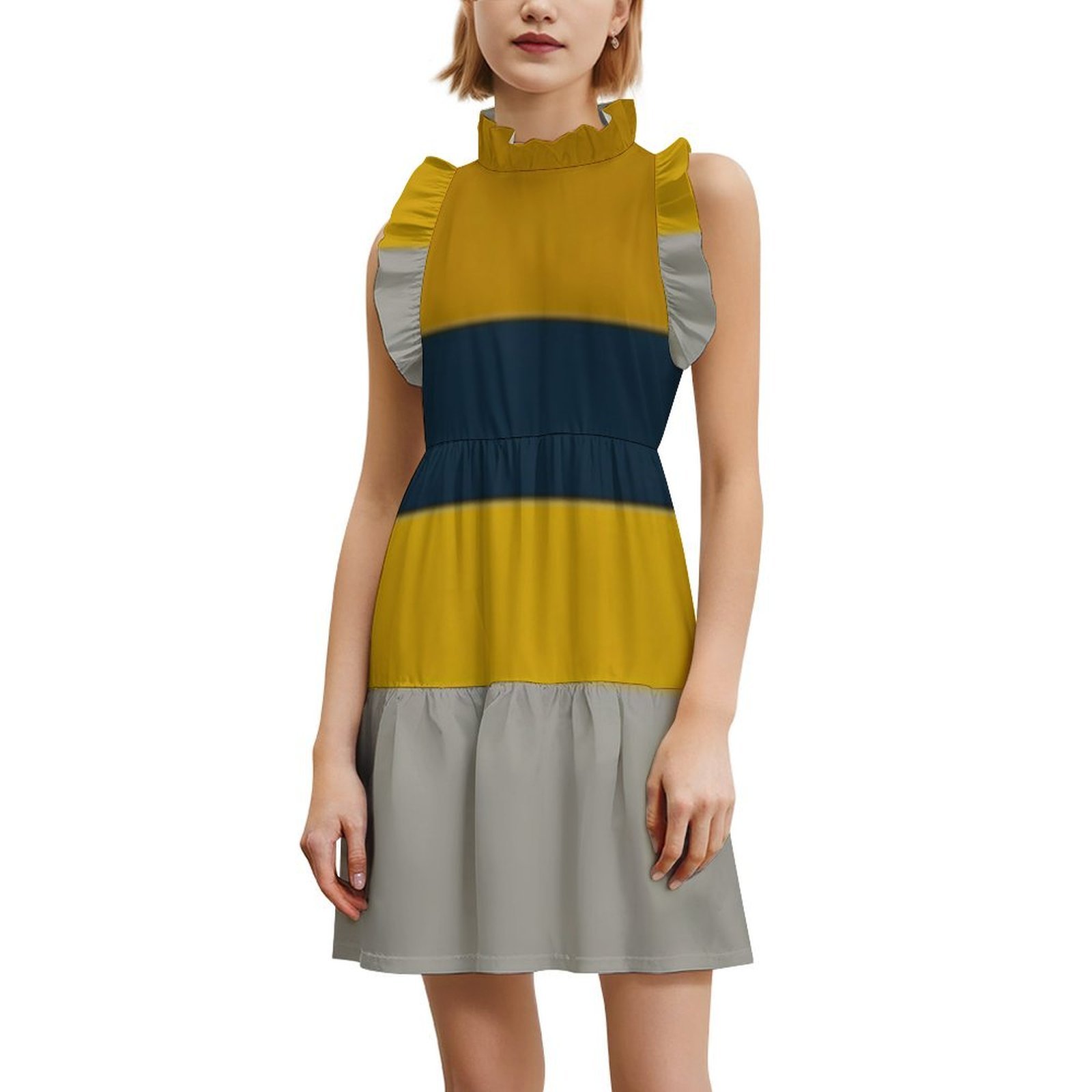 Abstract Horizontal Stripes Gold Navy Gray Women's Fashion Casual Dress ...
