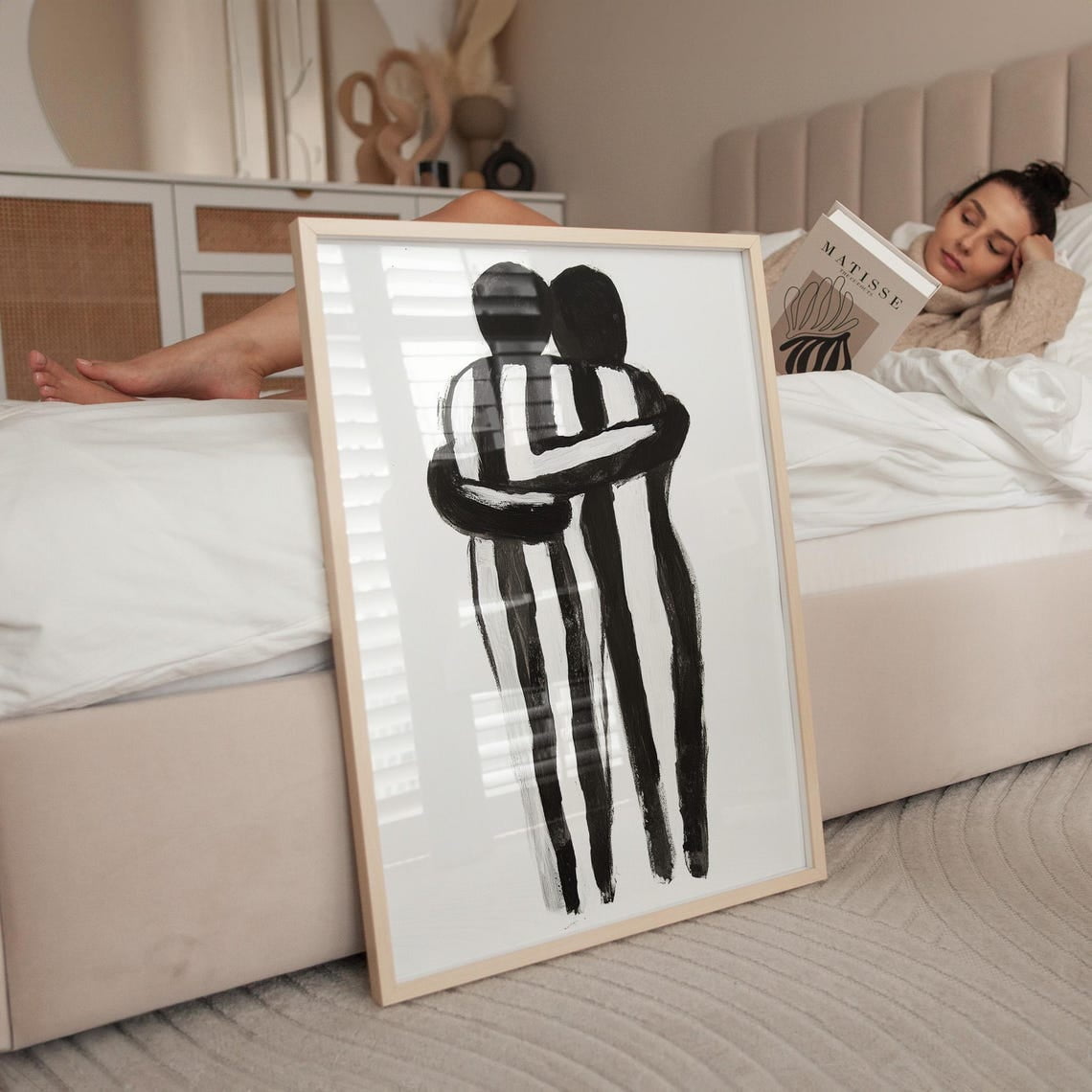 Abstract Hugging Figures Art Print, Black And White Minimalistmodern ...
