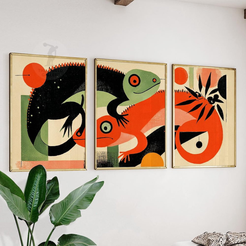 Abstract Iguana Mid Century Retro Pop Red Green Wall Art Print Set 3 ...