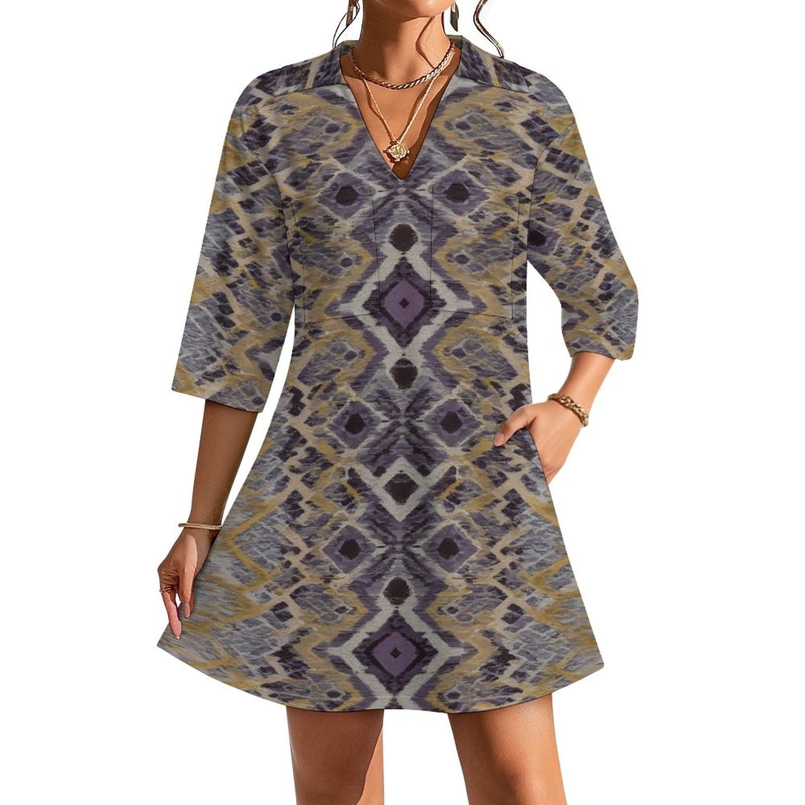 Abstract Ikat Textile Pattern Design Womens Dress With Pockets Summer V Neck 3/4 Sleeve Dress ...