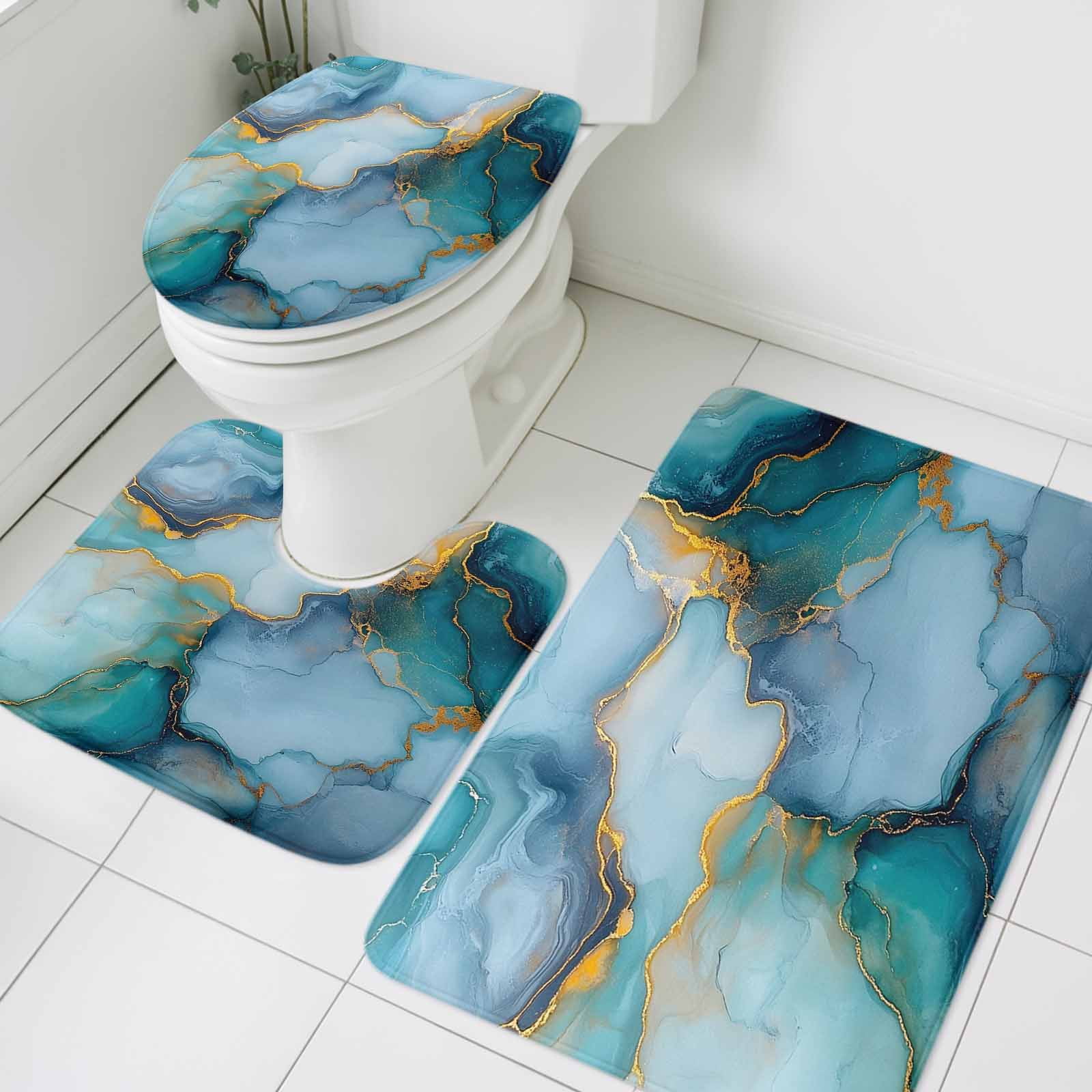Abstract Impressionist Bathroom Rugs Set Green Gold Marble Texture Non ...