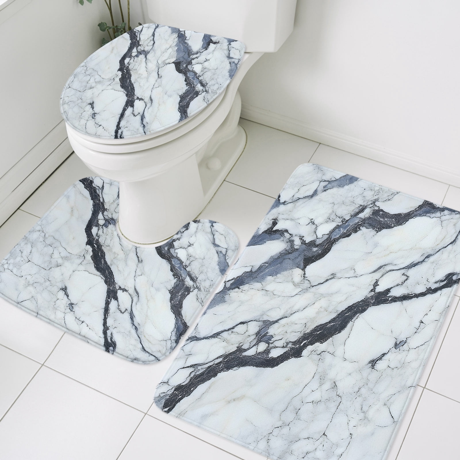 Abstract Impressionist Bathroom Rugs Set White Gary Marble Texture Non ...